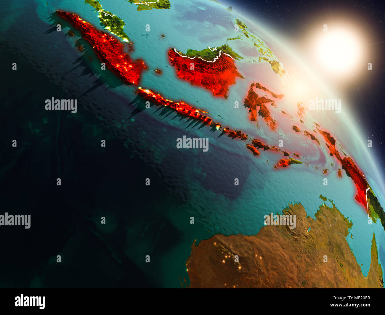 Sunset above Indonesia from space on planet Earth with visible country ...