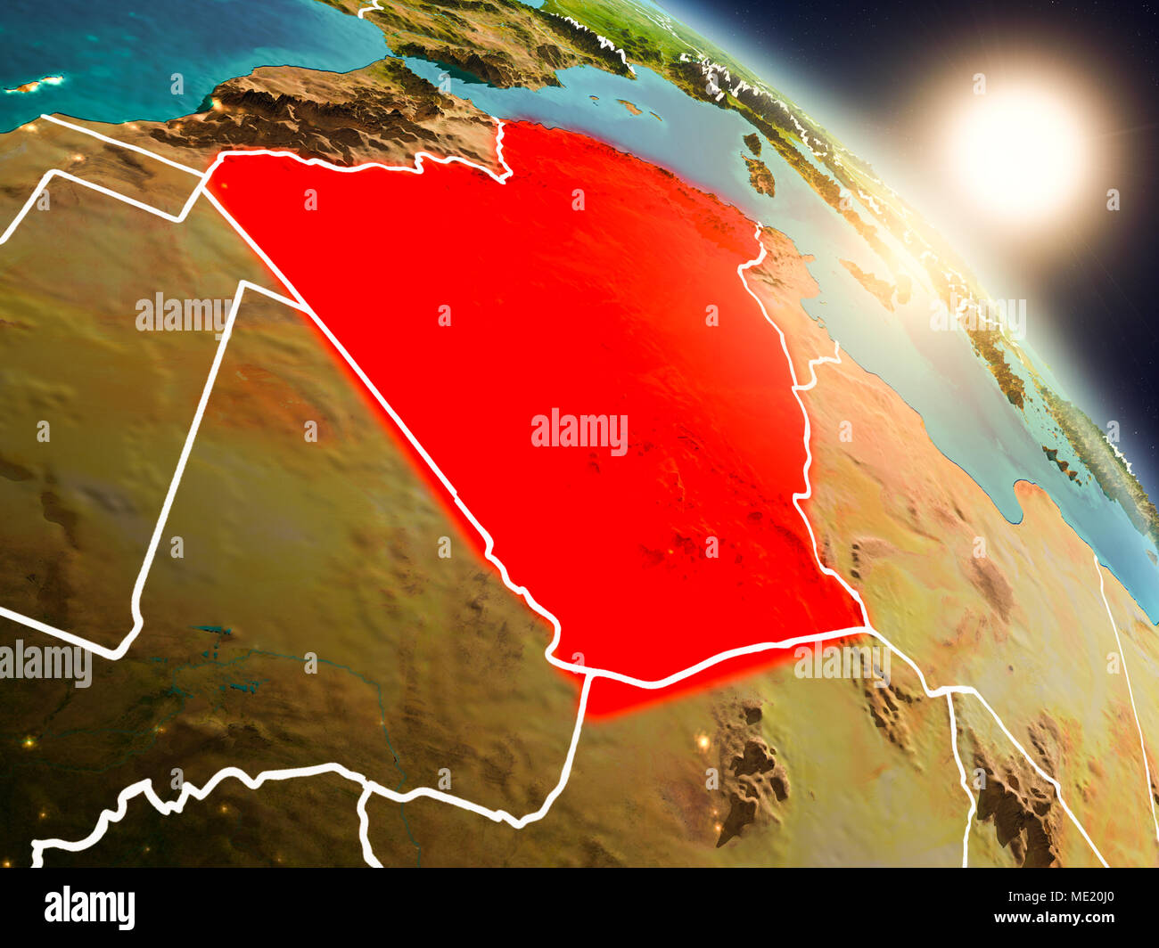 Sunset above Algeria from space on planet Earth with visible country ...