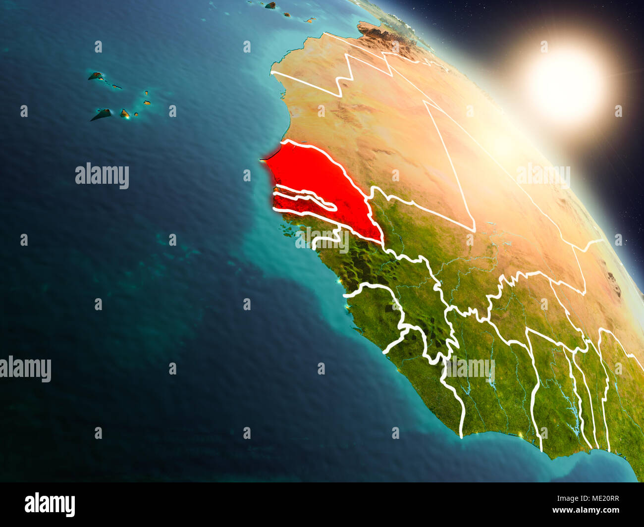 Sunset above Senegal from space on planet Earth with visible country ...