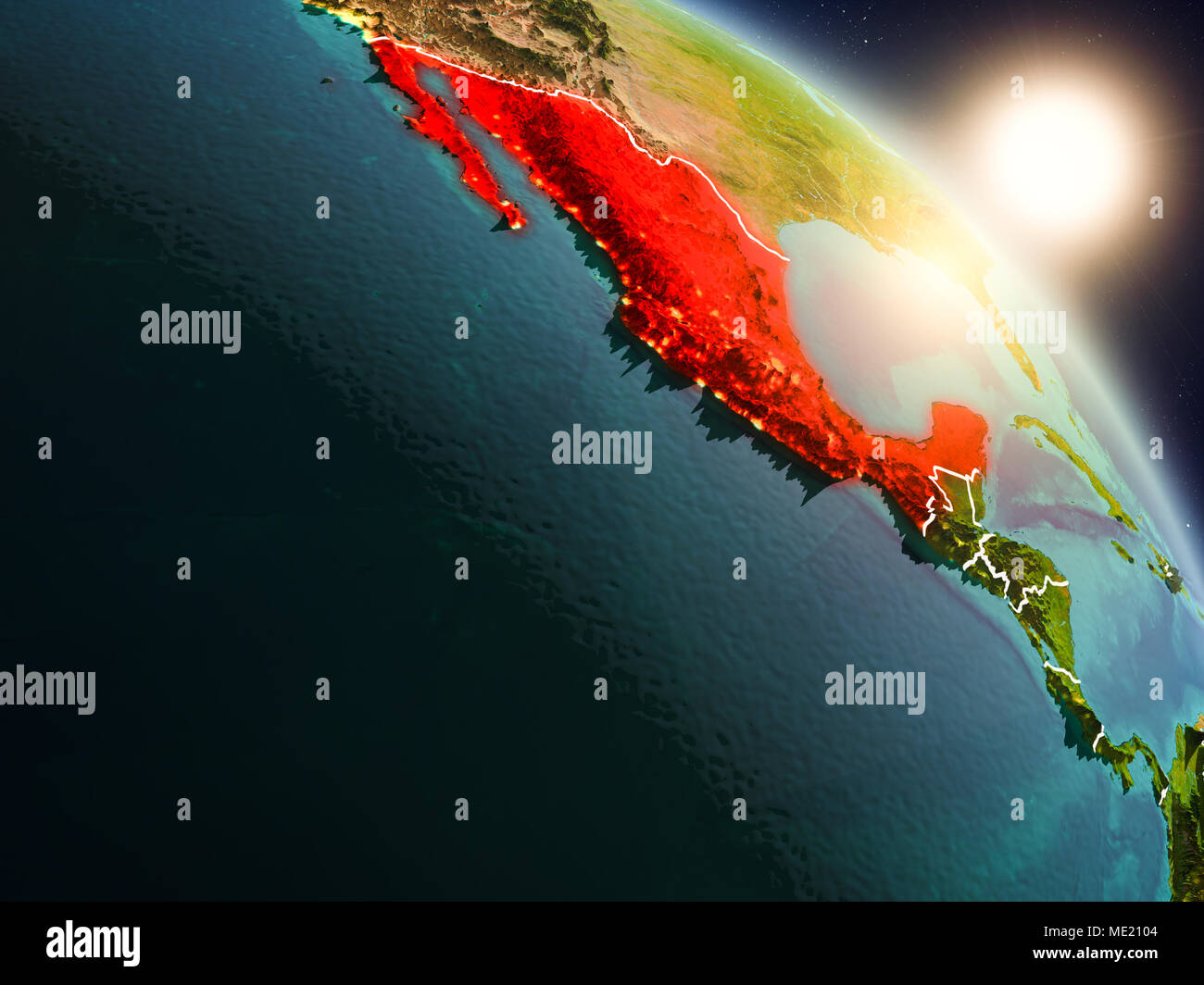 Sunset above Mexico from space on planet Earth with visible country ...