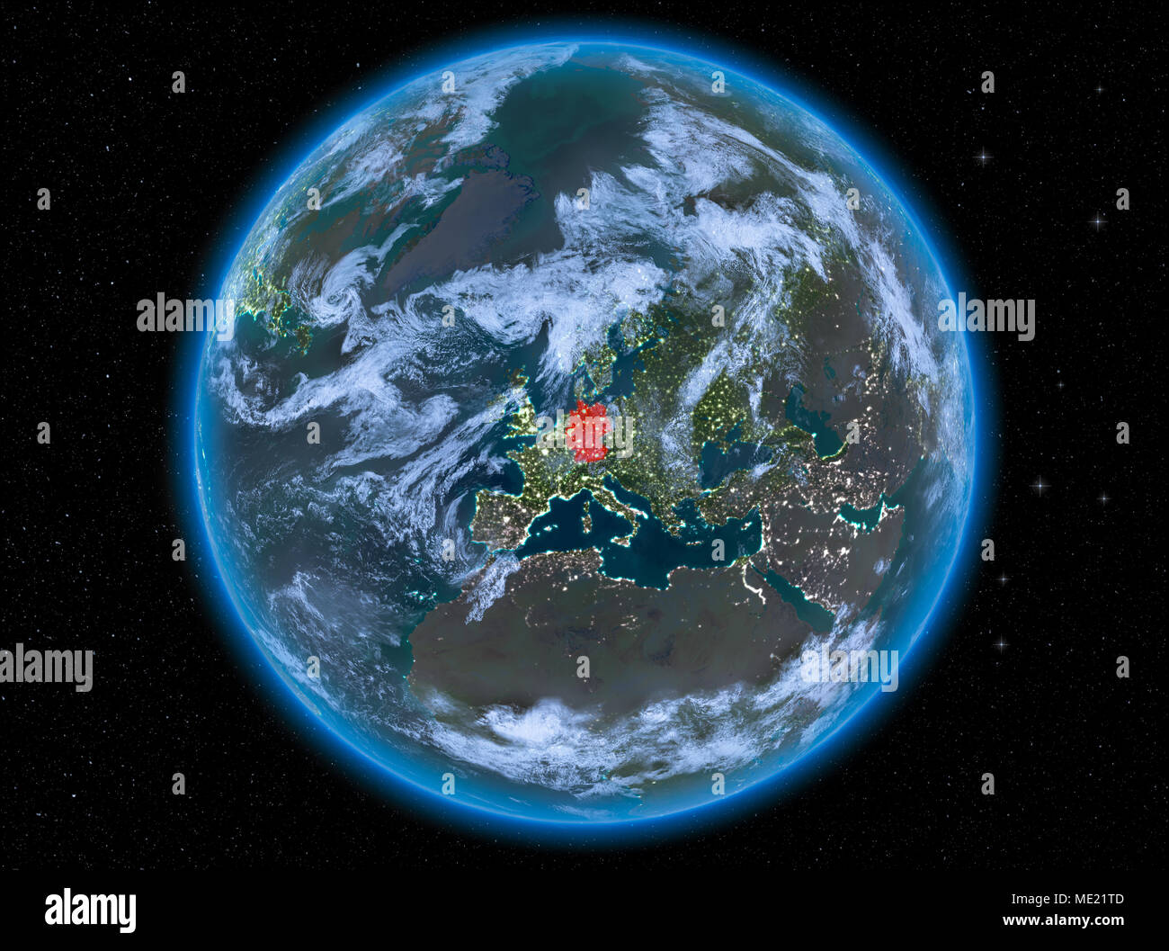 Night view of Germany highlighted in red on planet Earth with ...