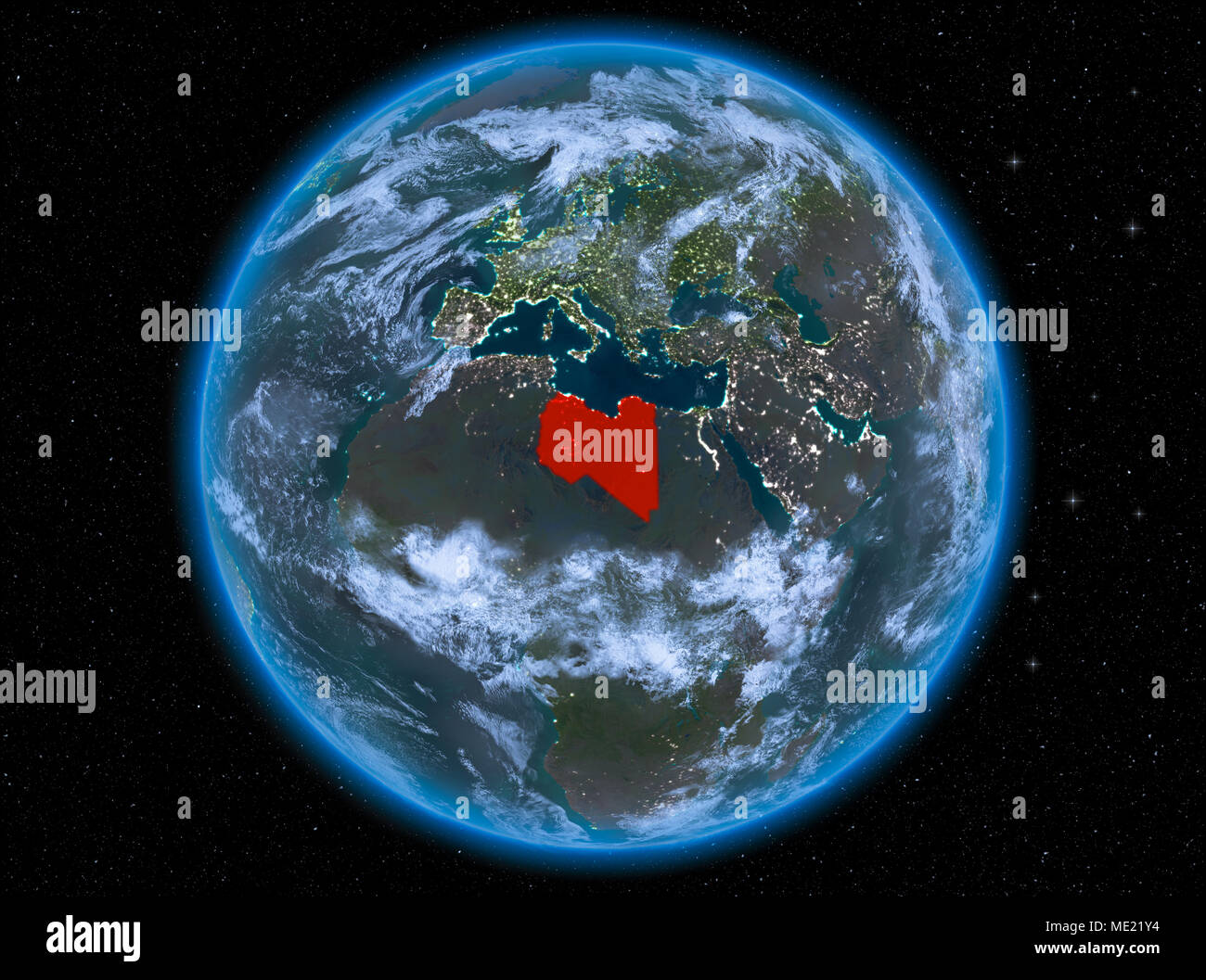 Night view of Libya highlighted in red on planet Earth with atmosphere ...