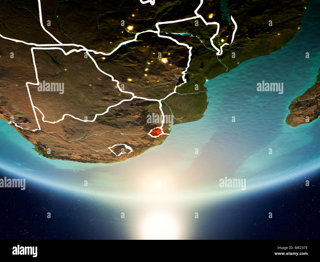 Swaziland from orbit of planet Earth in sunrise with highly detailed surface textures and ...