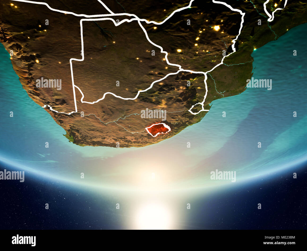 Lesotho from orbit of planet Earth in sunrise with highly detailed ...