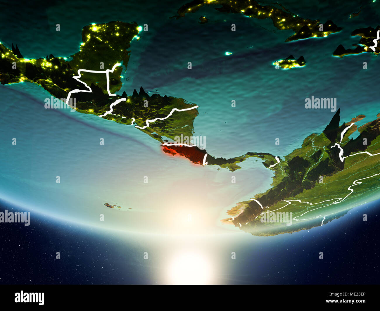 Costa Rica from orbit of planet Earth in sunrise with highly detailed ...