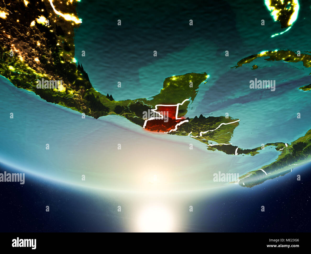 Guatemala from orbit of planet Earth in sunrise with highly detailed ...