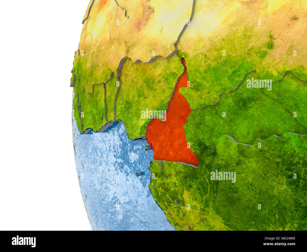 Cameroon in red on globe with real land surface, visible country ...