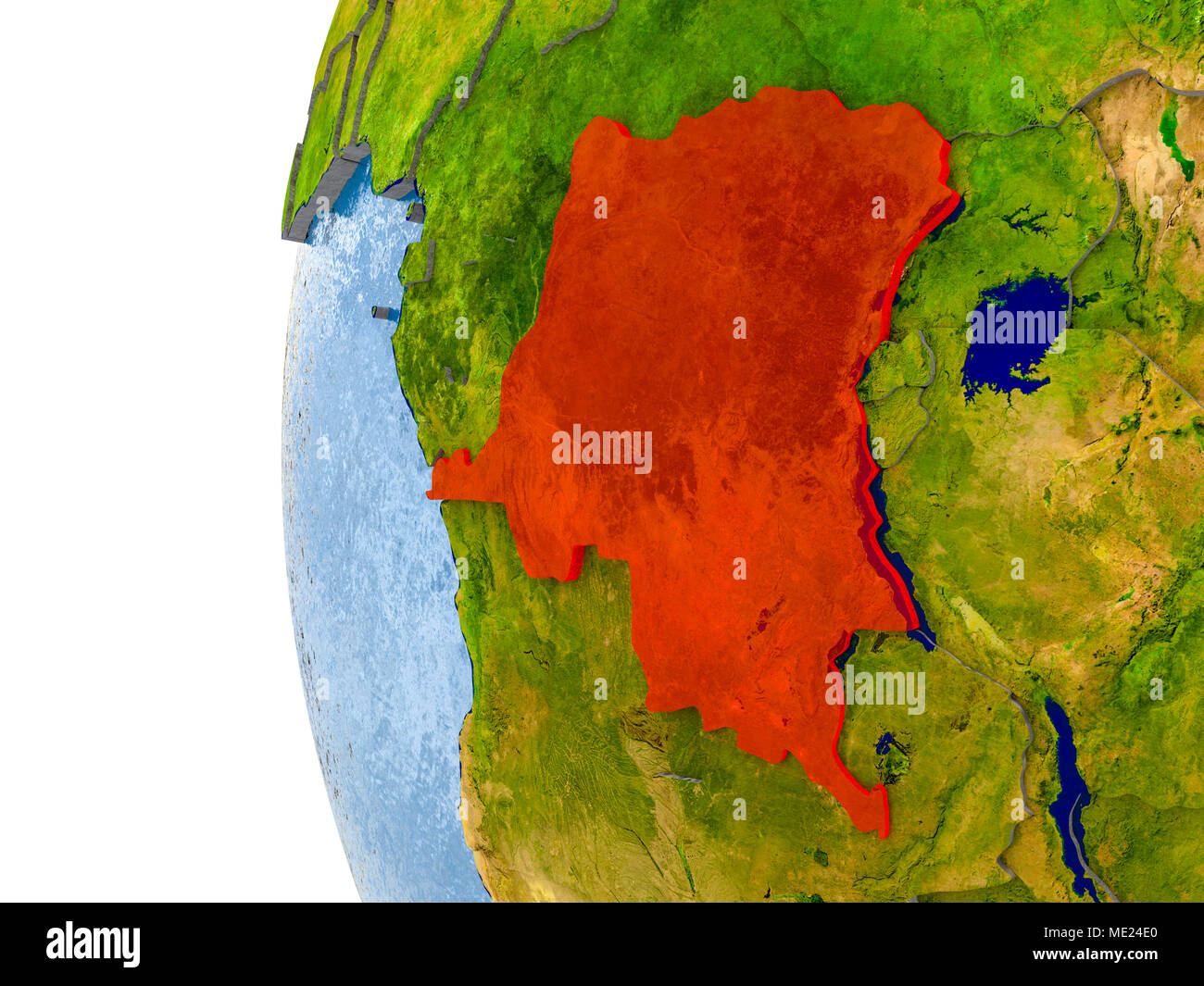Democratic Republic of Congo in red on globe with real land surface ...