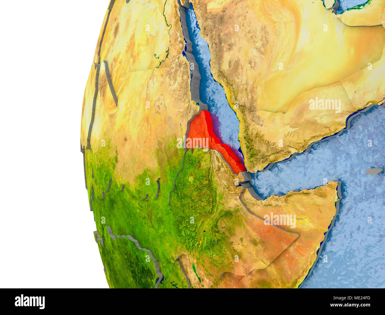 Eritrea in red on globe with real land surface, visible country borders ...