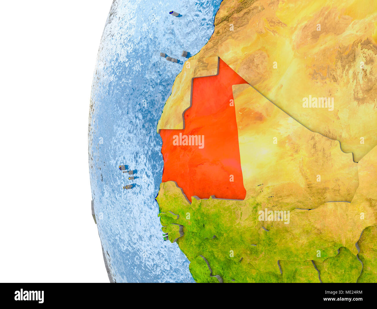 Mauritania in red on globe with real land surface, visible country ...