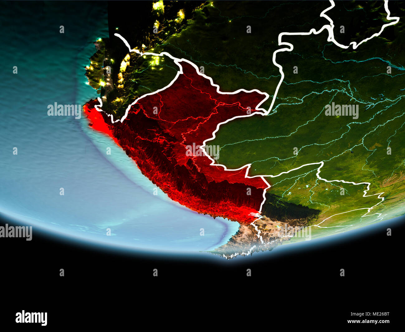 Country of Peru in red on planet Earth in the evening with visible ...