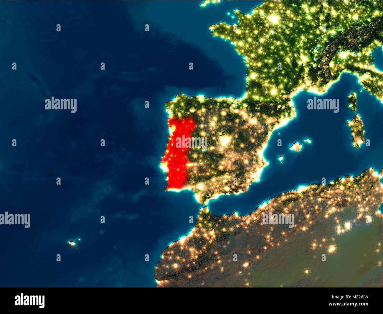 Satellite night view of Portugal highlighted in red on planet Earth. 3D ...