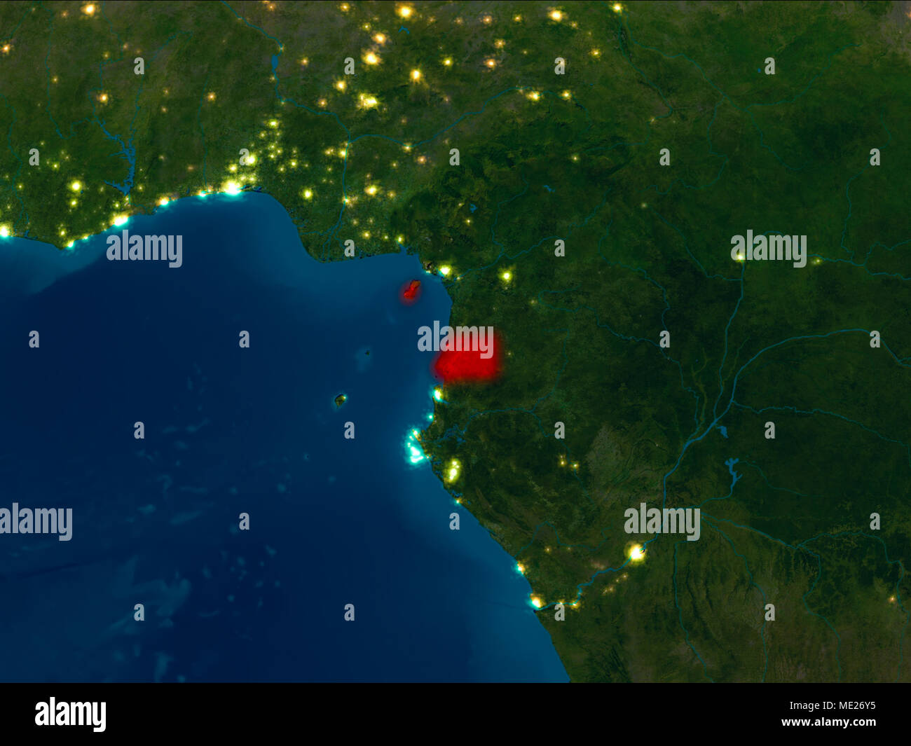 Satellite night view of Equatorial Guinea highlighted in red on planet ...