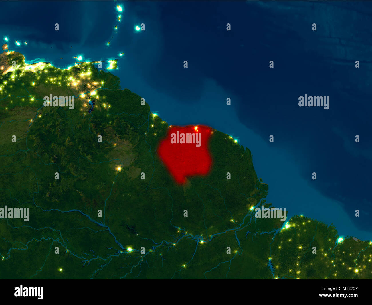Satellite night view of Suriname highlighted in red on planet Earth. 3D ...