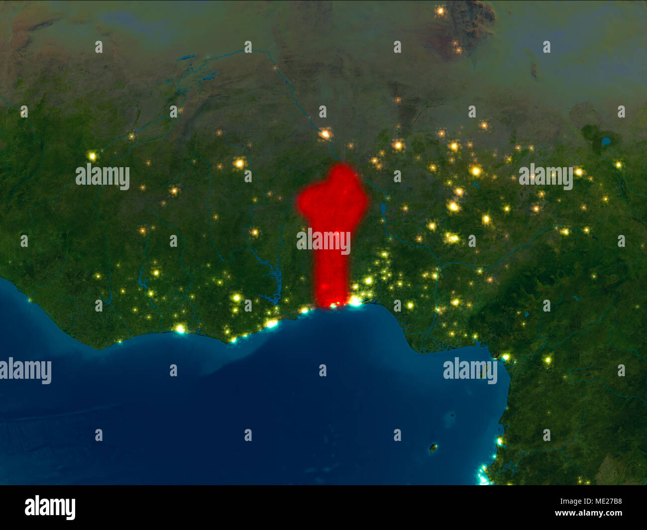 Satellite night view of Benin highlighted in red on planet Earth. 3D ...