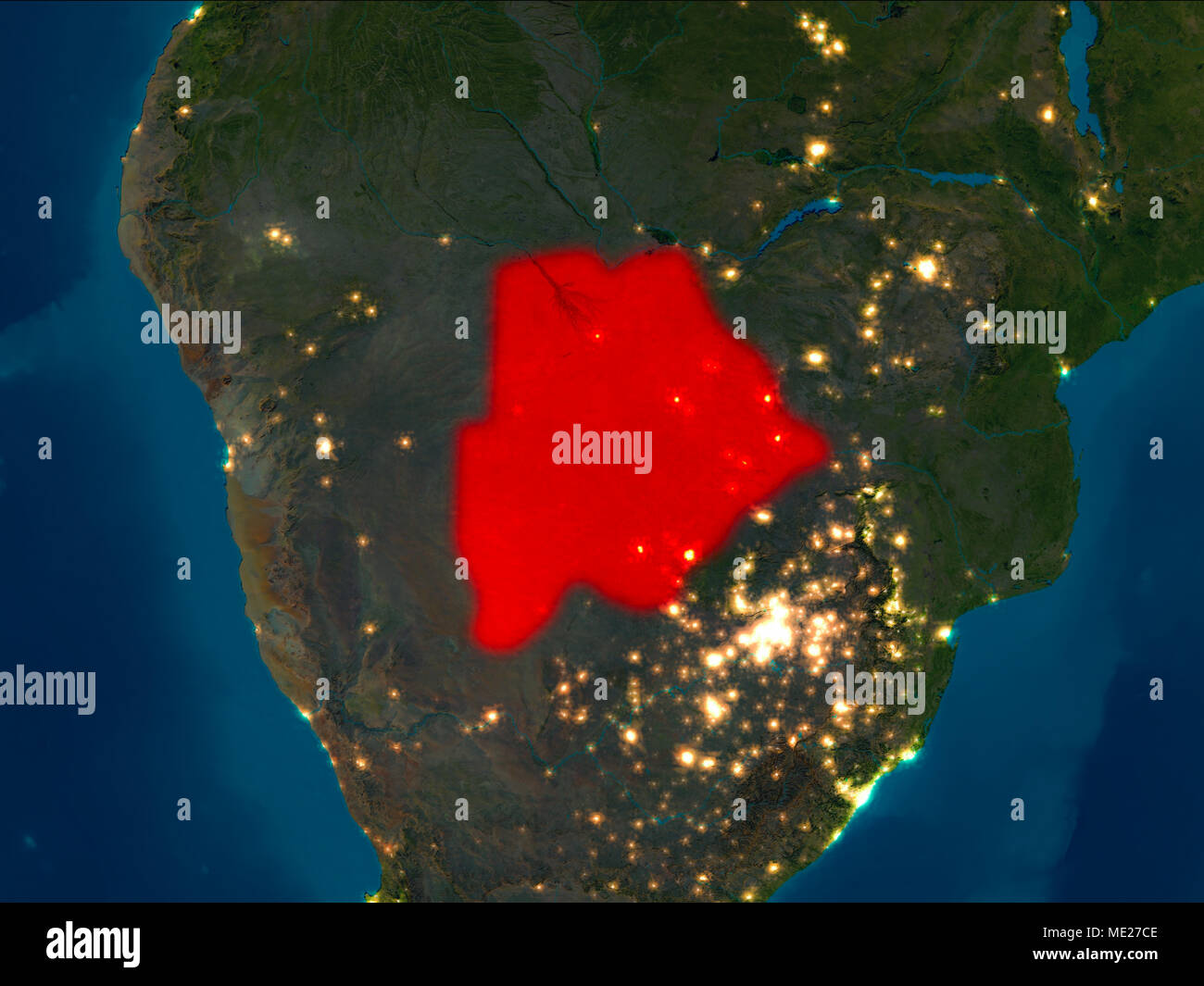 Satellite night view of Botswana highlighted in red on planet Earth. 3D ...