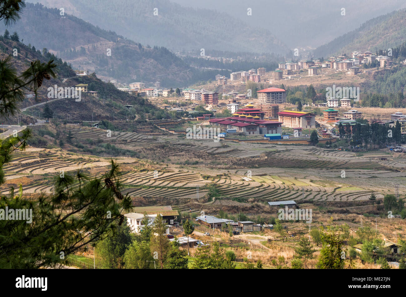 Landscape of paddy farm villages, Thimphu, Bhutan - aerial view of ...