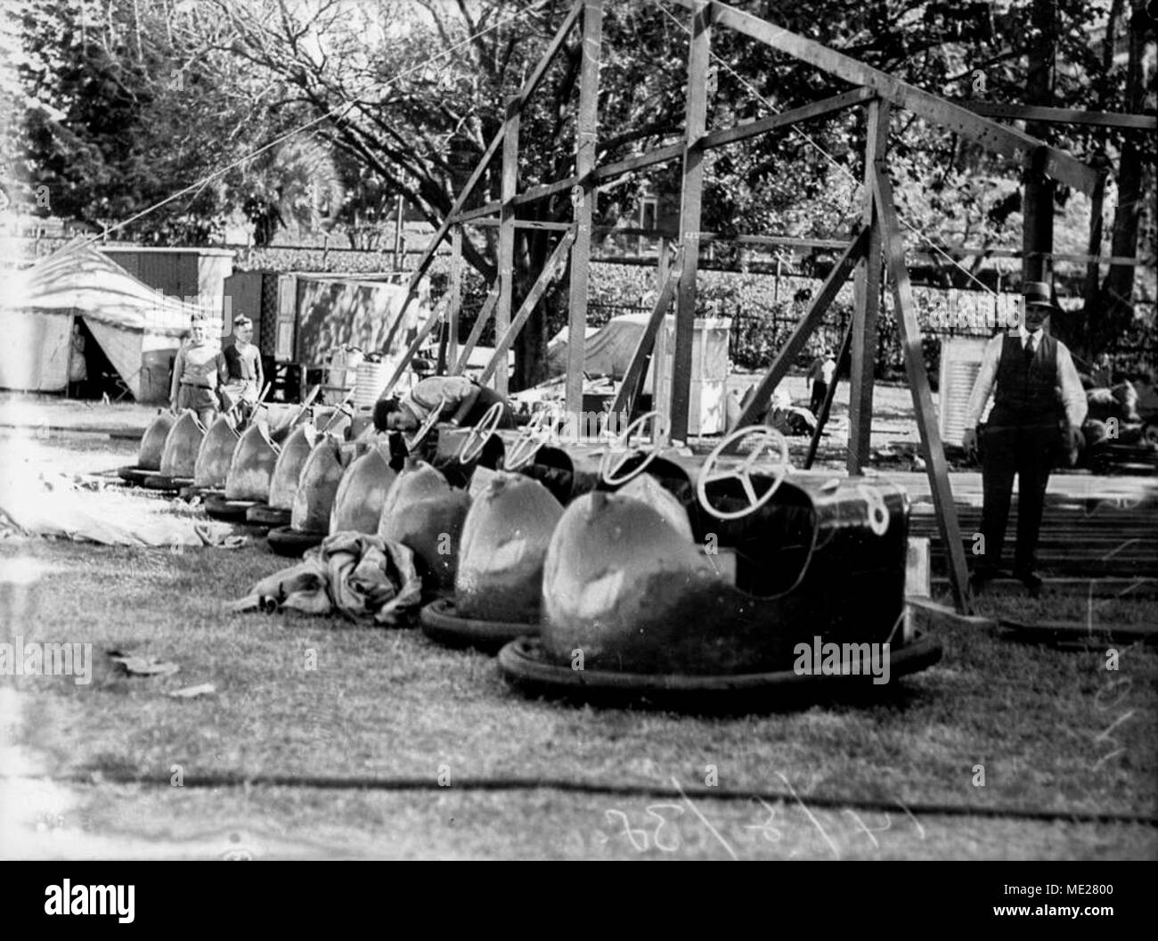 Dodgem cars lined up at the RNA showground, Brisbane, 1938 Stock Photo ...