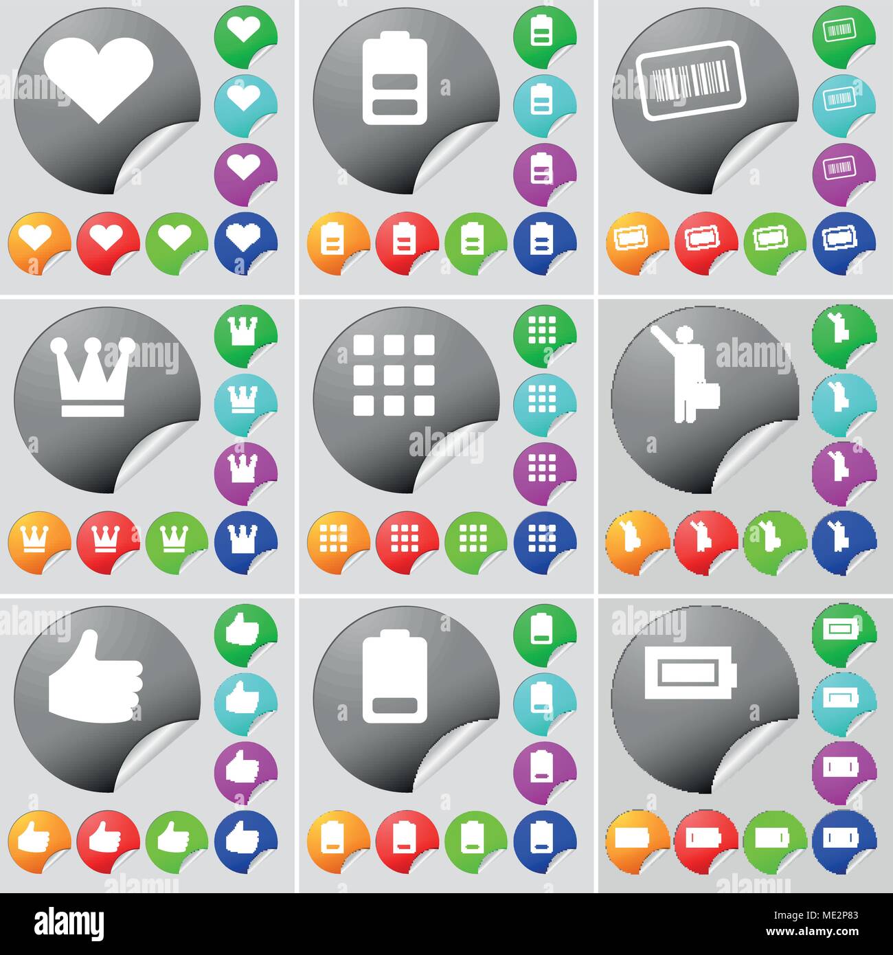 Heart, Battery, Bar code, Crown, Apps, Silhouette, Like sign icon. A ...
