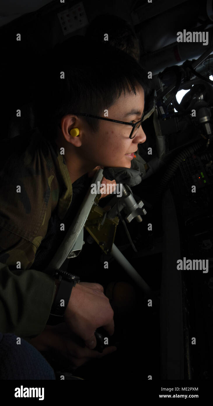 A Civil Air Patrol cadet controls the boom from the boom operator’s ...