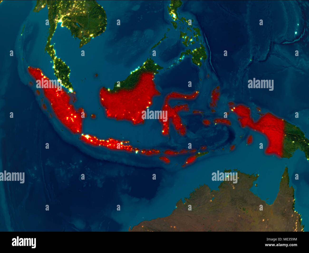 Satellite night view of Indonesia highlighted in red on planet Earth. 3D illustration. Elements ...