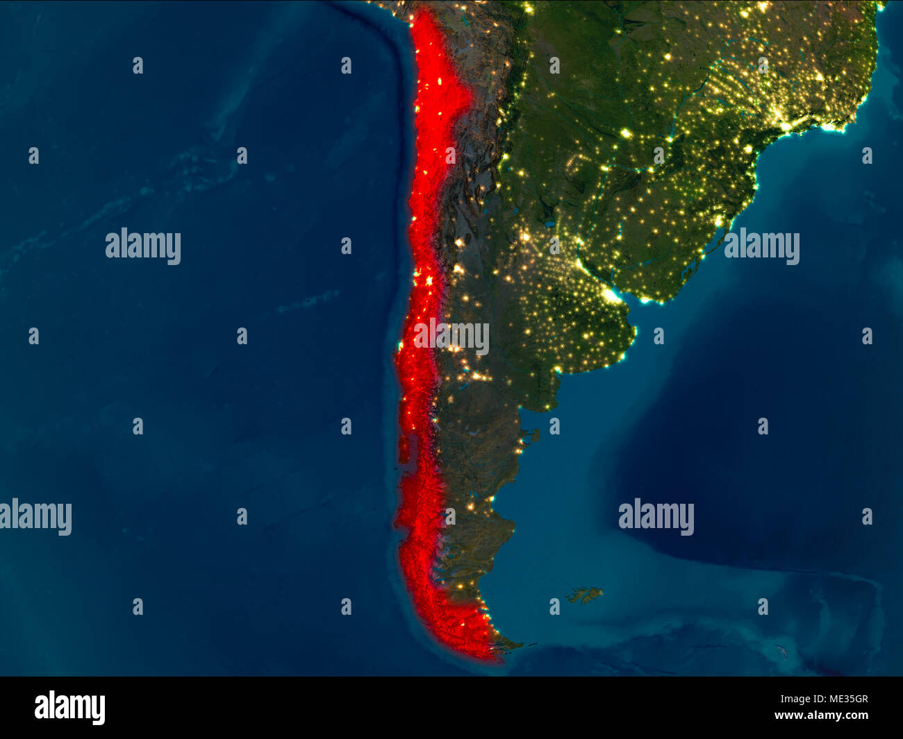 Satellite night view of Chile highlighted in red on planet Earth. 3D ...
