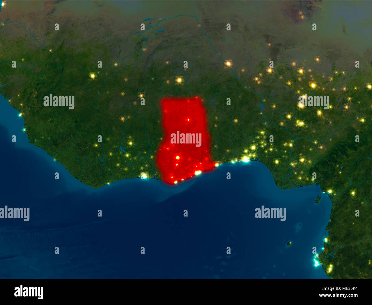 Satellite night view of Ghana highlighted in red on planet Earth. 3D ...