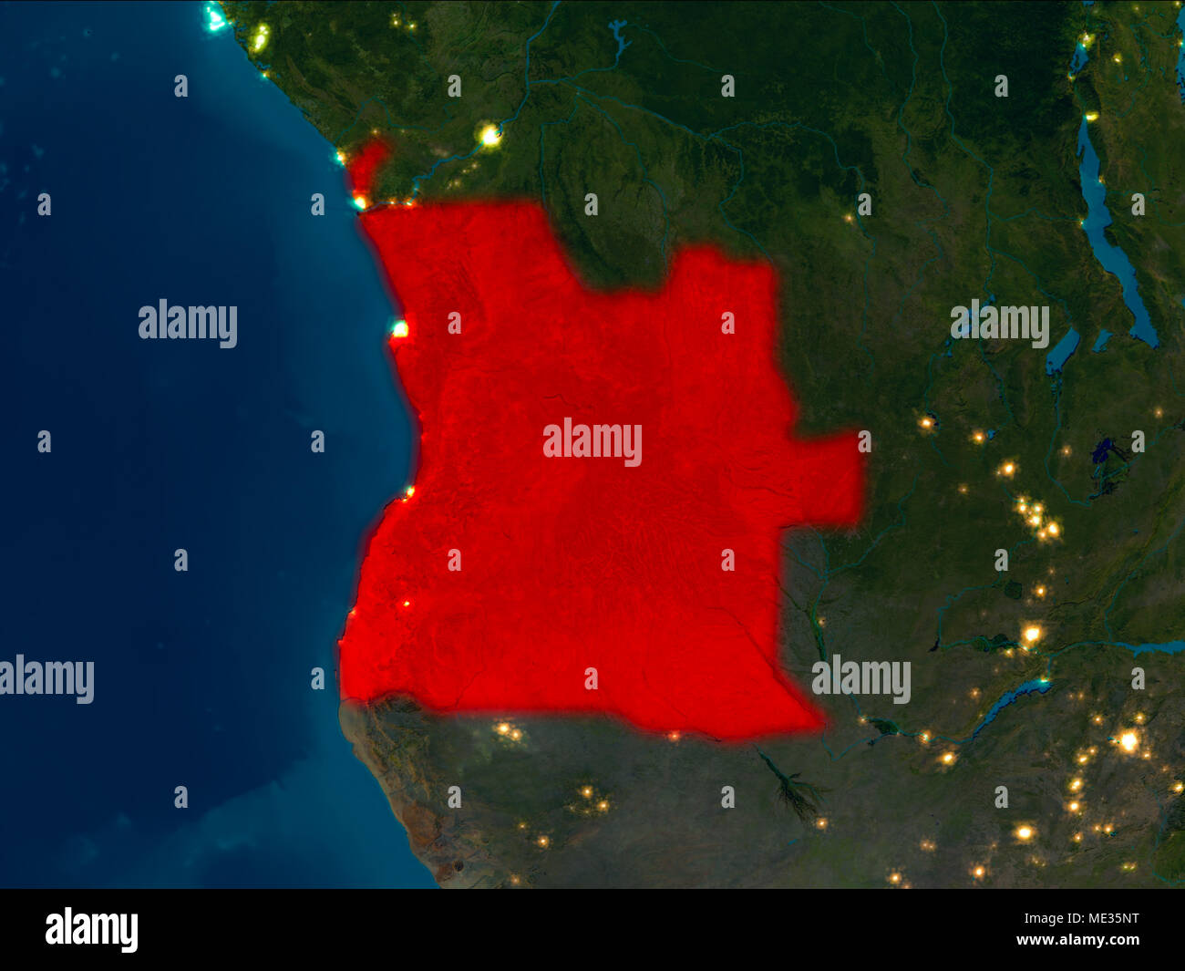 Satellite night view of Angola highlighted in red on planet Earth. 3D ...