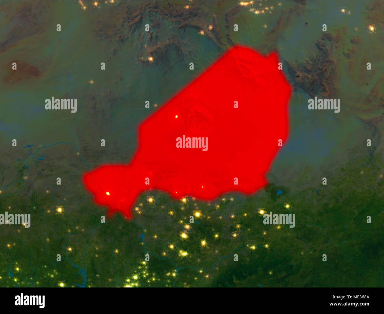Satellite night view of Niger highlighted in red on planet Earth. 3D ...