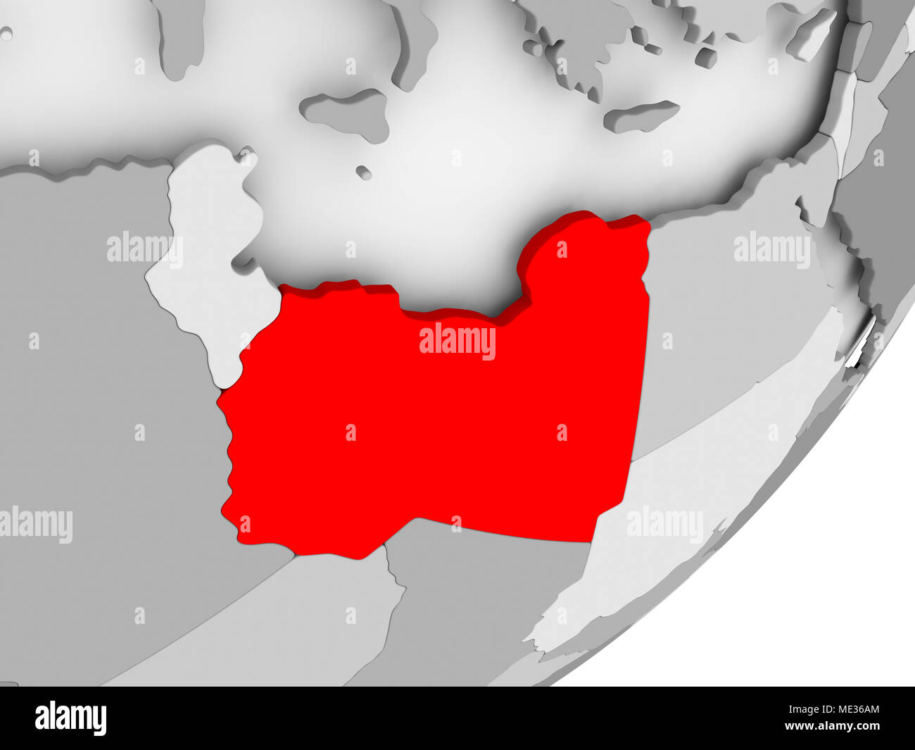 Illustration of Libya highlighted in red on grey globe. 3D illustration ...