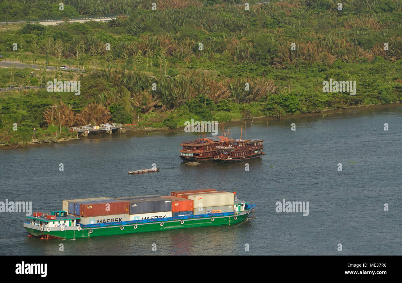Barge carrying shipping containers on the Saigon River boats, Ho Chi ...