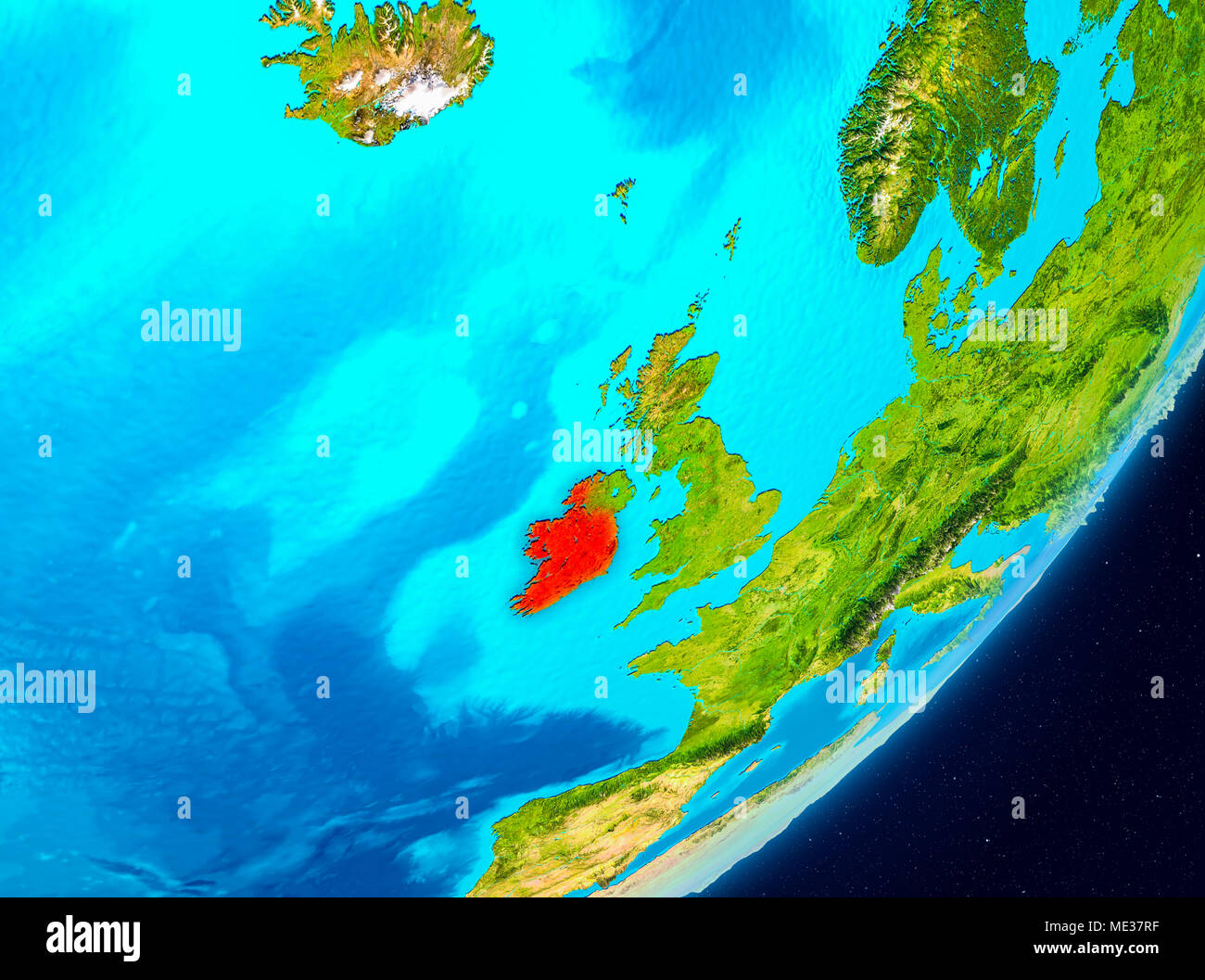 Map of Ireland as seen from space on planet Earth. 3D illustration ...