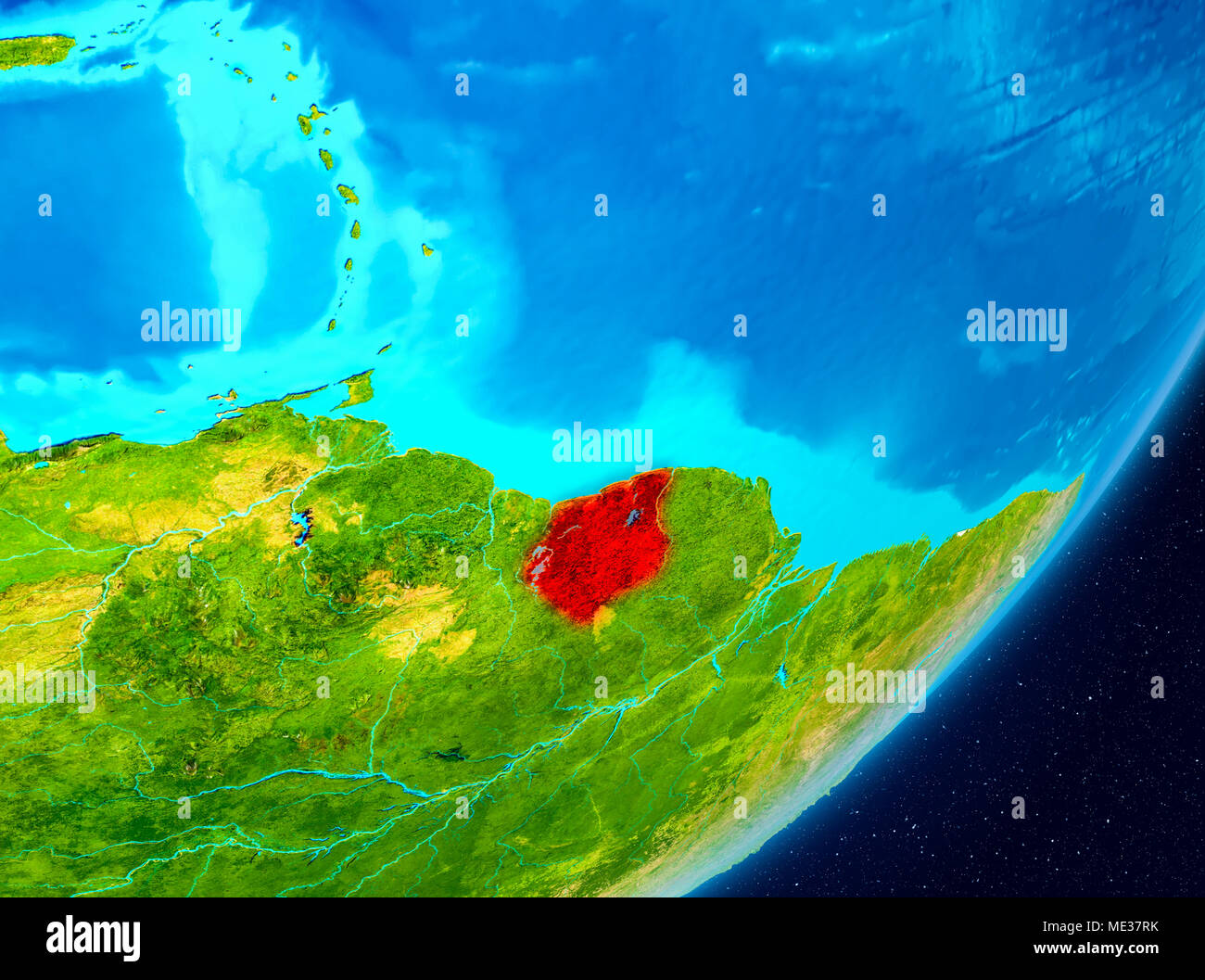 Map of Suriname as seen from space on planet Earth. 3D illustration ...
