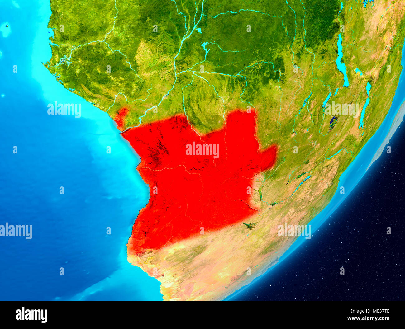 Map of Angola as seen from space on planet Earth. 3D illustration ...