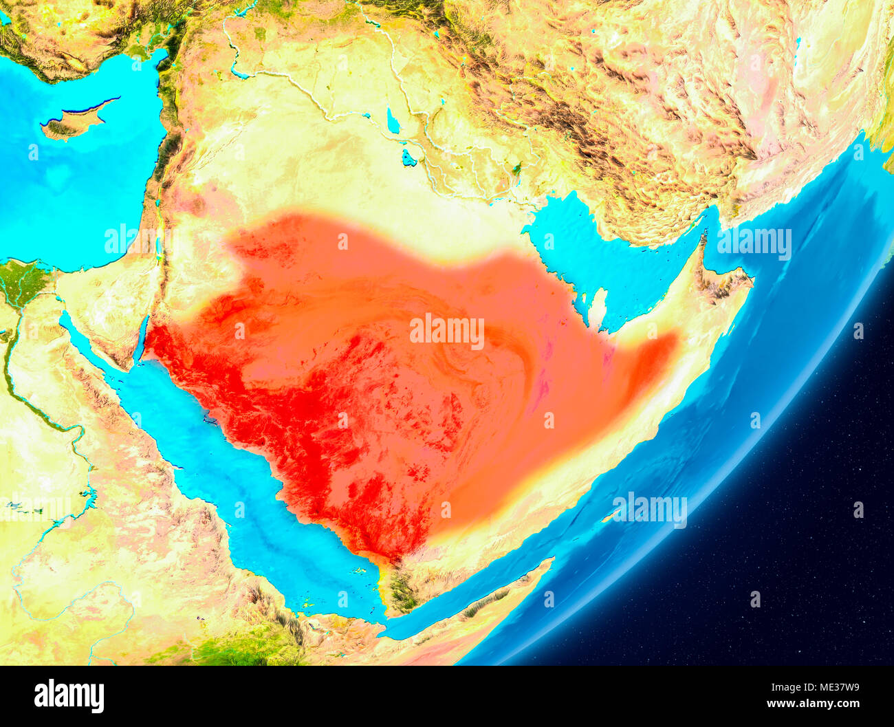 Map of Saudi Arabia as seen from space on planet Earth. 3D illustration ...
