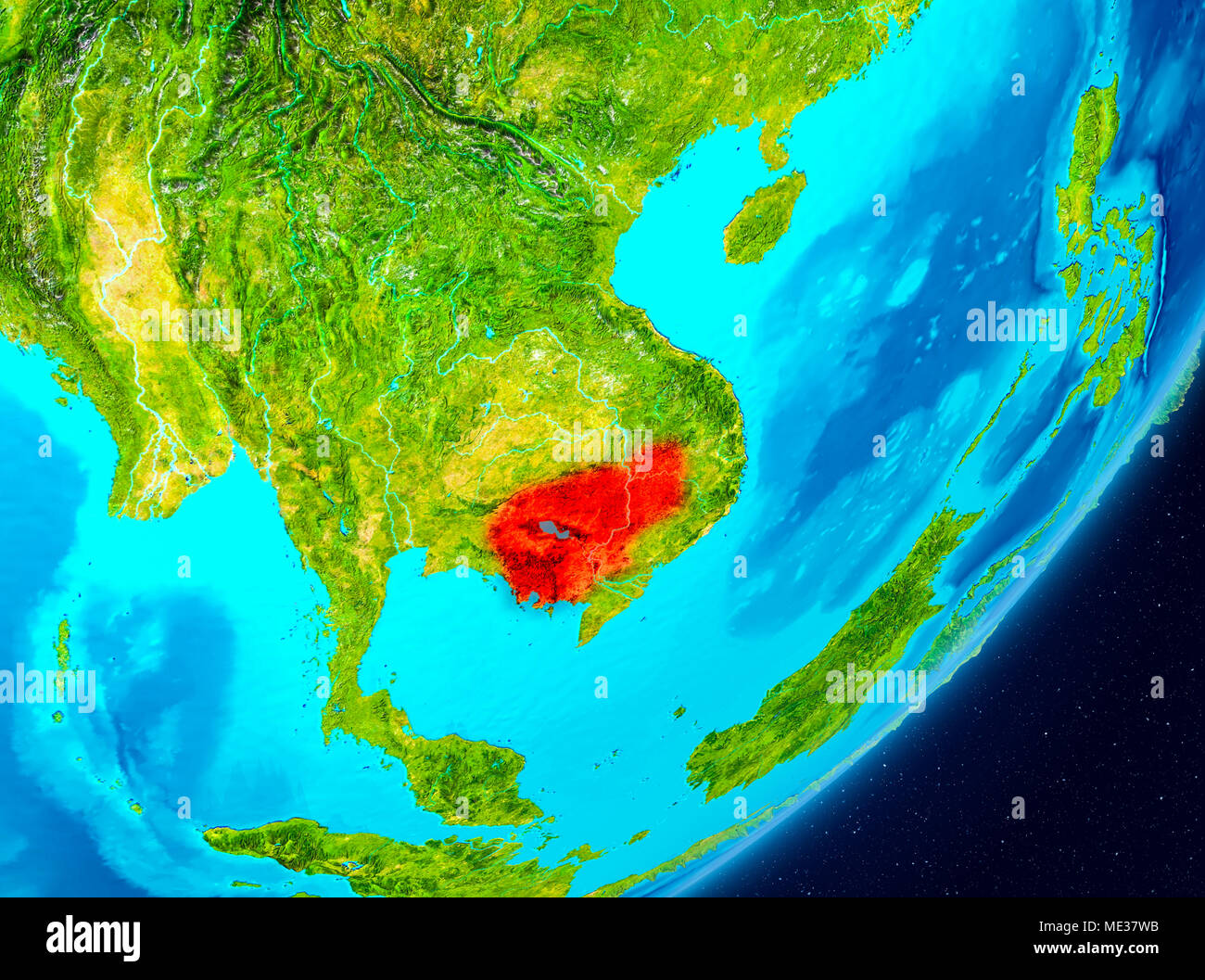 Map of Cambodia as seen from space on planet Earth. 3D illustration ...