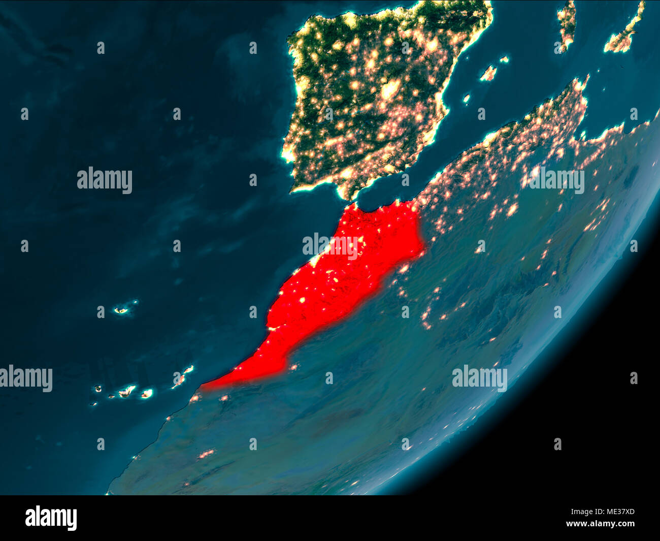 Night view of Morocco highlighted in red on planet Earth with ...
