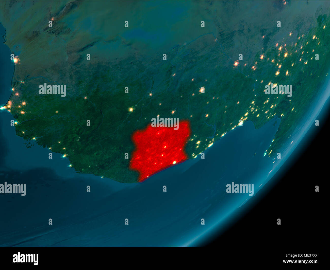 Night view of Ivory Coast highlighted in red on planet Earth with ...