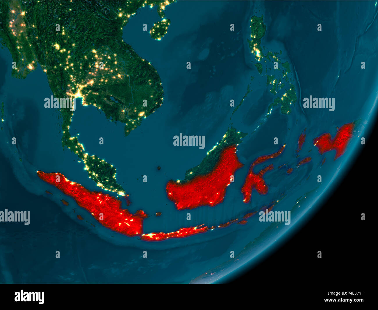Night view of Indonesia highlighted in red on planet Earth with ...