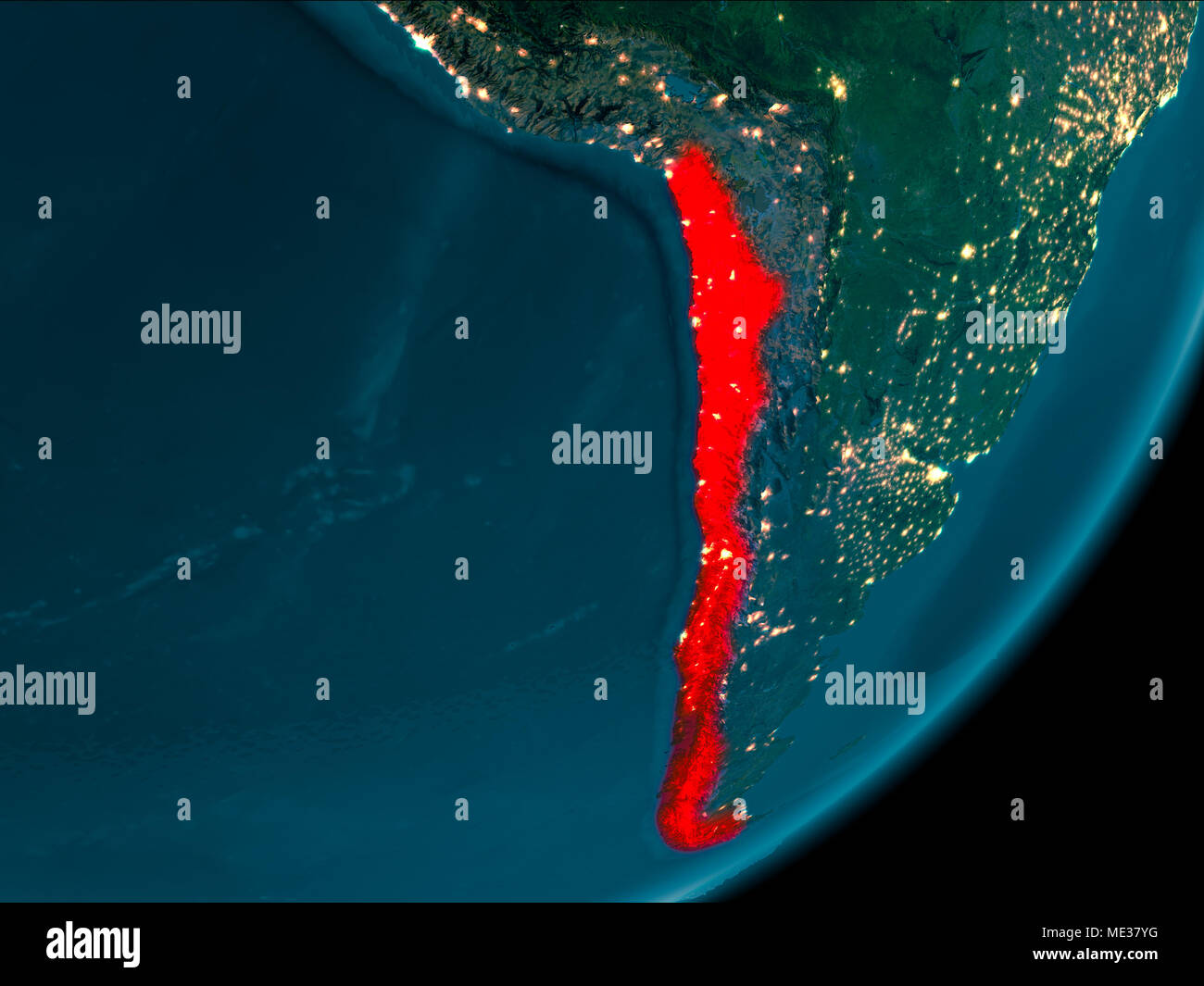 Night view of Chile highlighted in red on planet Earth with atmosphere ...