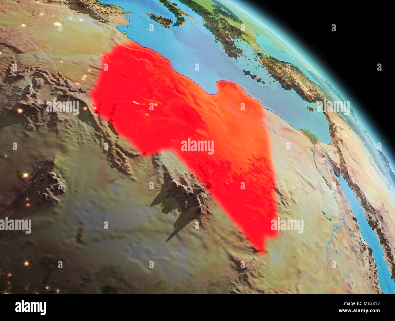 Satellite morning view of Libya highlighted in red on planet Earth. 3D illustration. Elements of ...