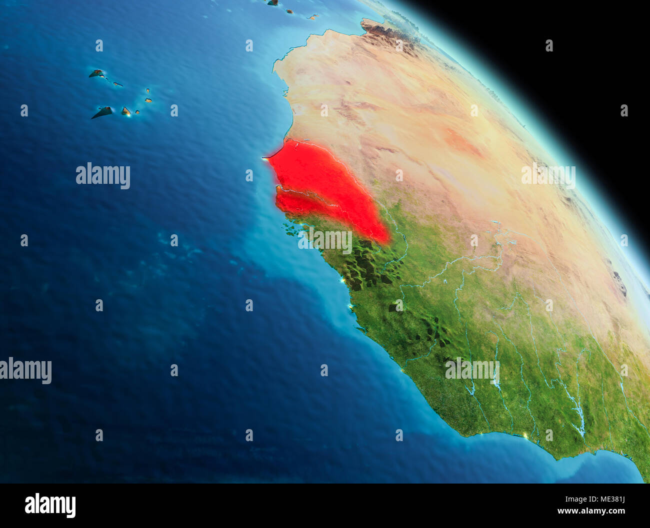 Satellite morning view of Senegal highlighted in red on planet Earth ...
