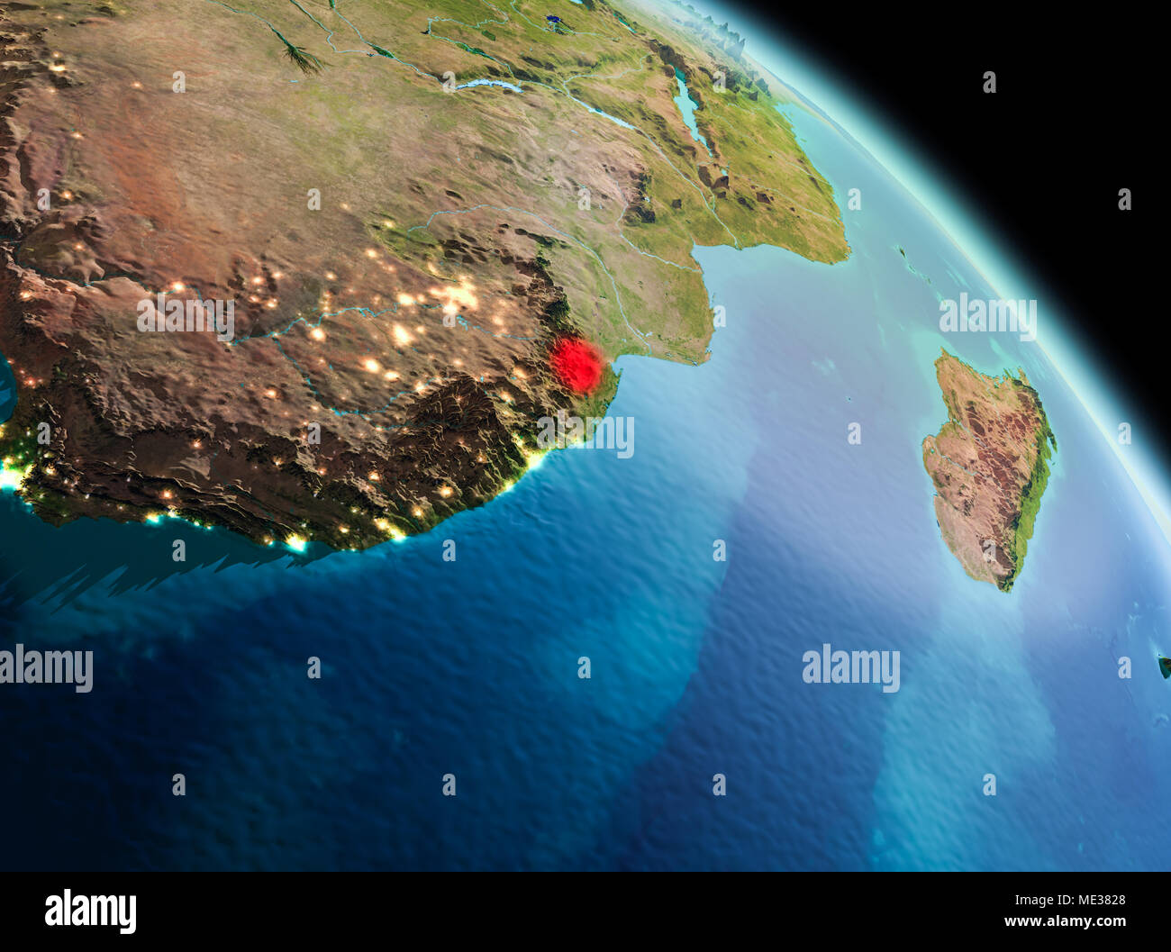 Satellite morning view of Swaziland highlighted in red on planet Earth. 3D illustration ...