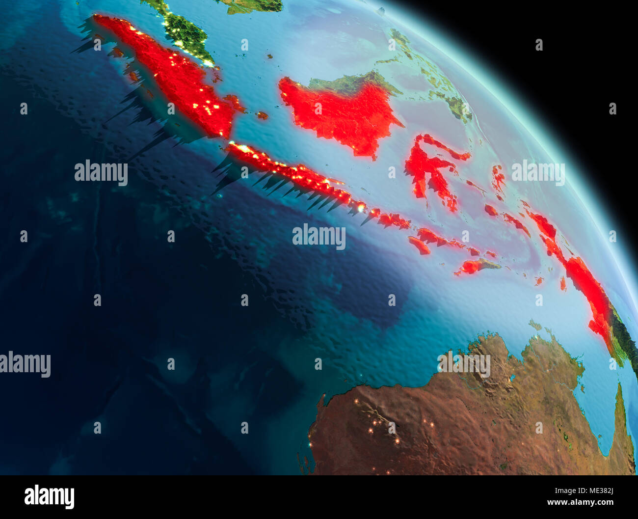 Satellite morning view of Indonesia highlighted in red on planet Earth. 3D illustration ...