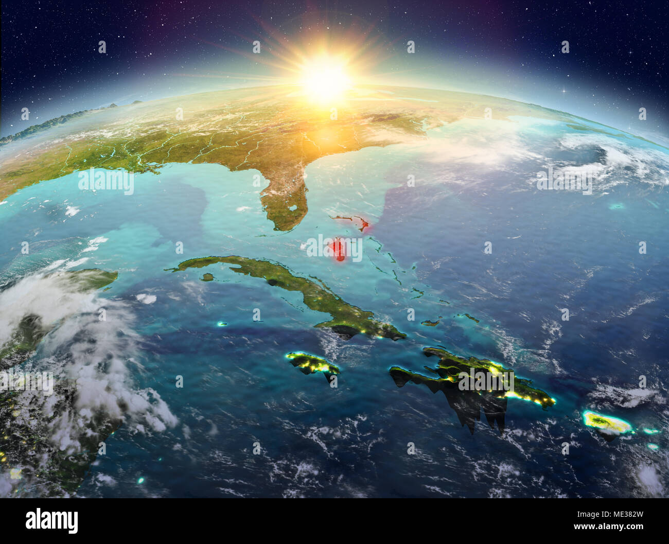 Satellite view of Bahamas highlighted in red on planet Earth with ...