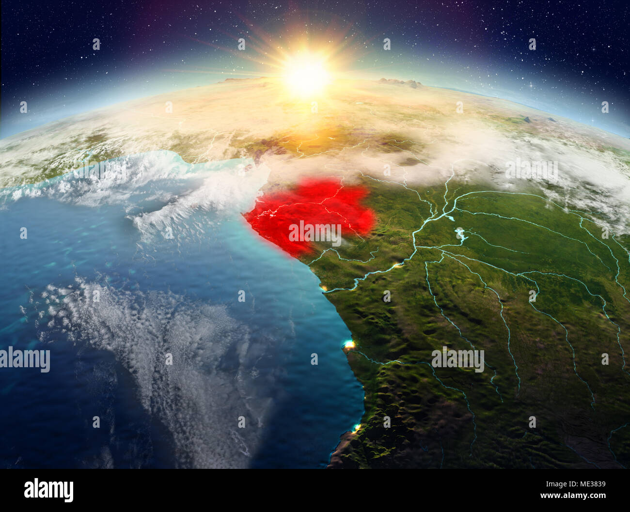Satellite view of Gabon highlighted in red on planet Earth with clouds ...