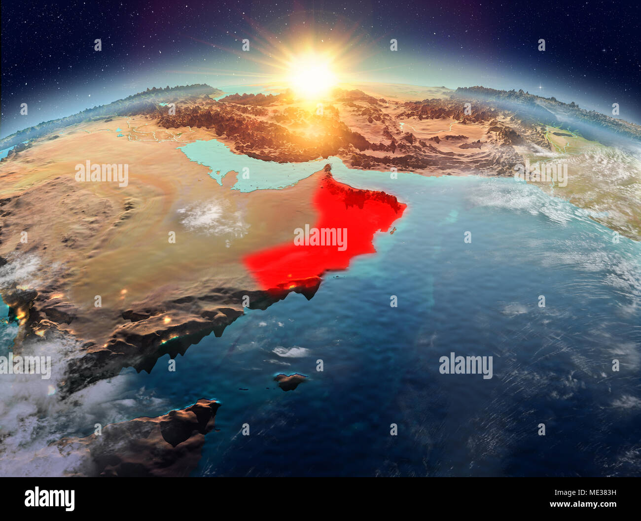 Satellite view of Oman highlighted in red on planet Earth with clouds ...