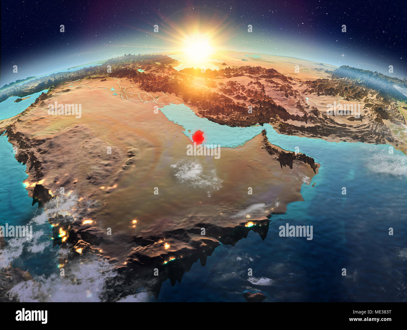 Satellite view of Qatar highlighted in red on planet Earth with clouds ...