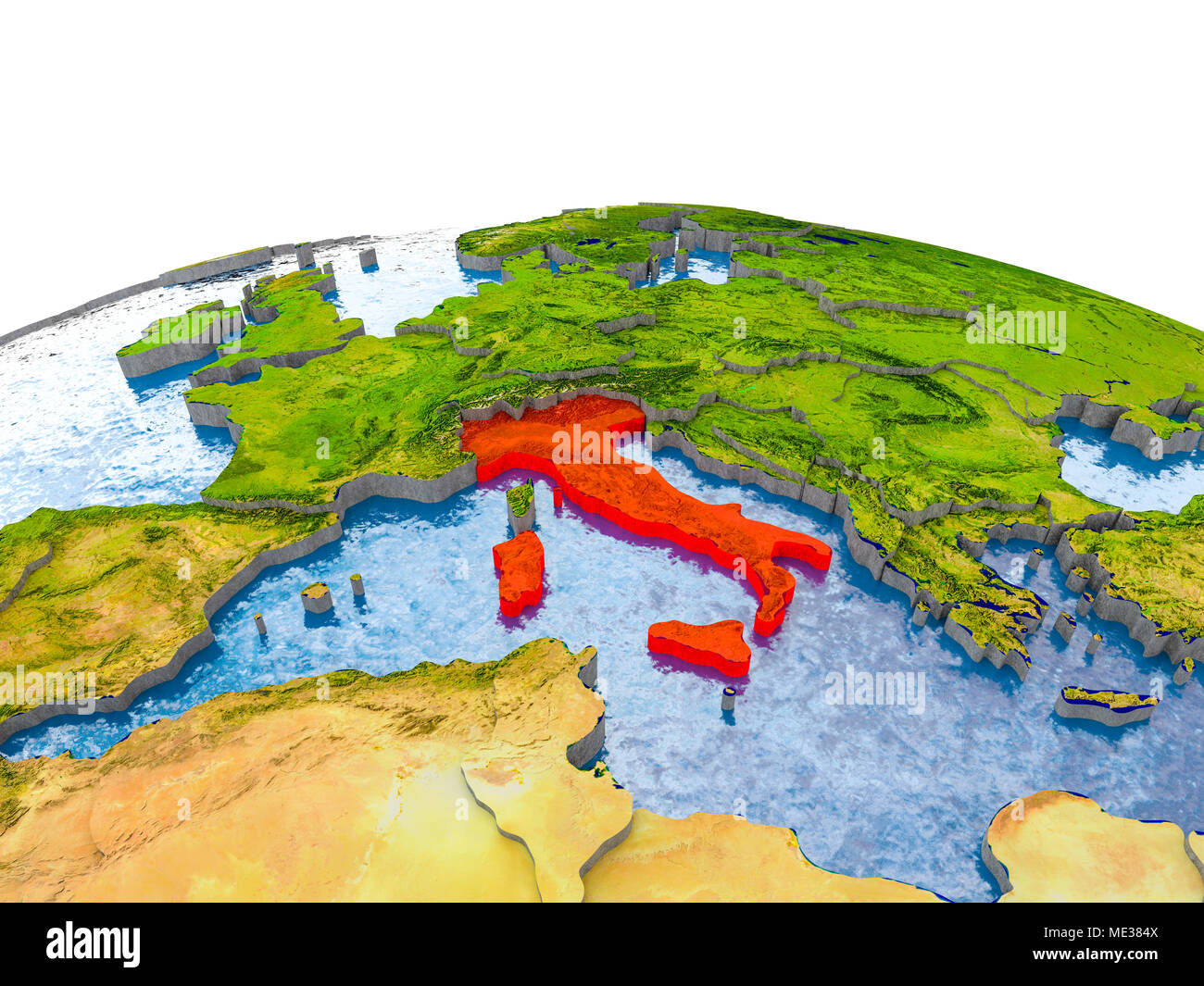 Italy highlighted in red on globe with realistic land surface, visible ...