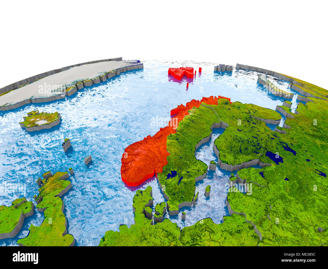 Norway highlighted in red on globe with realistic land surface, visible ...